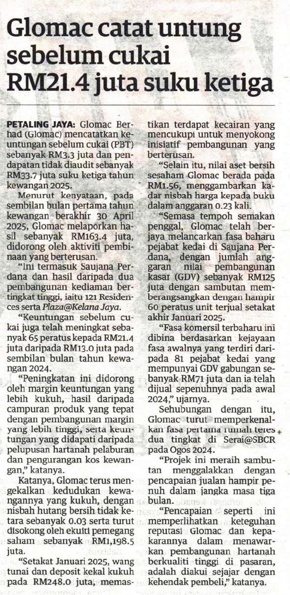 Glomac catat untung sebelum cukai RM21.4 juta suku ketiga - Glomac Berhad